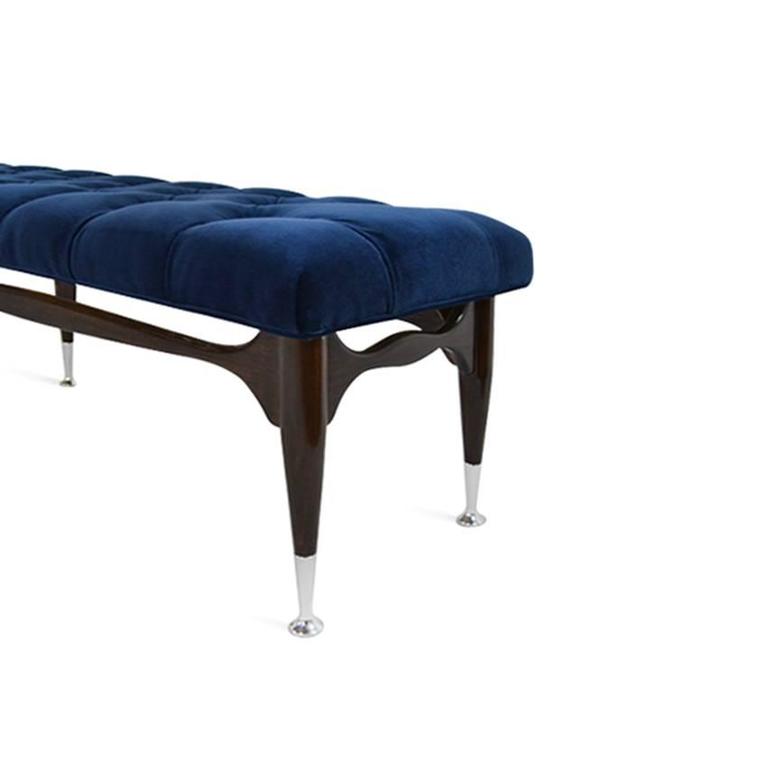 Midcentury Sculptural Tufted Bench in Navy Blue Velvet For Sale at 1stDibs