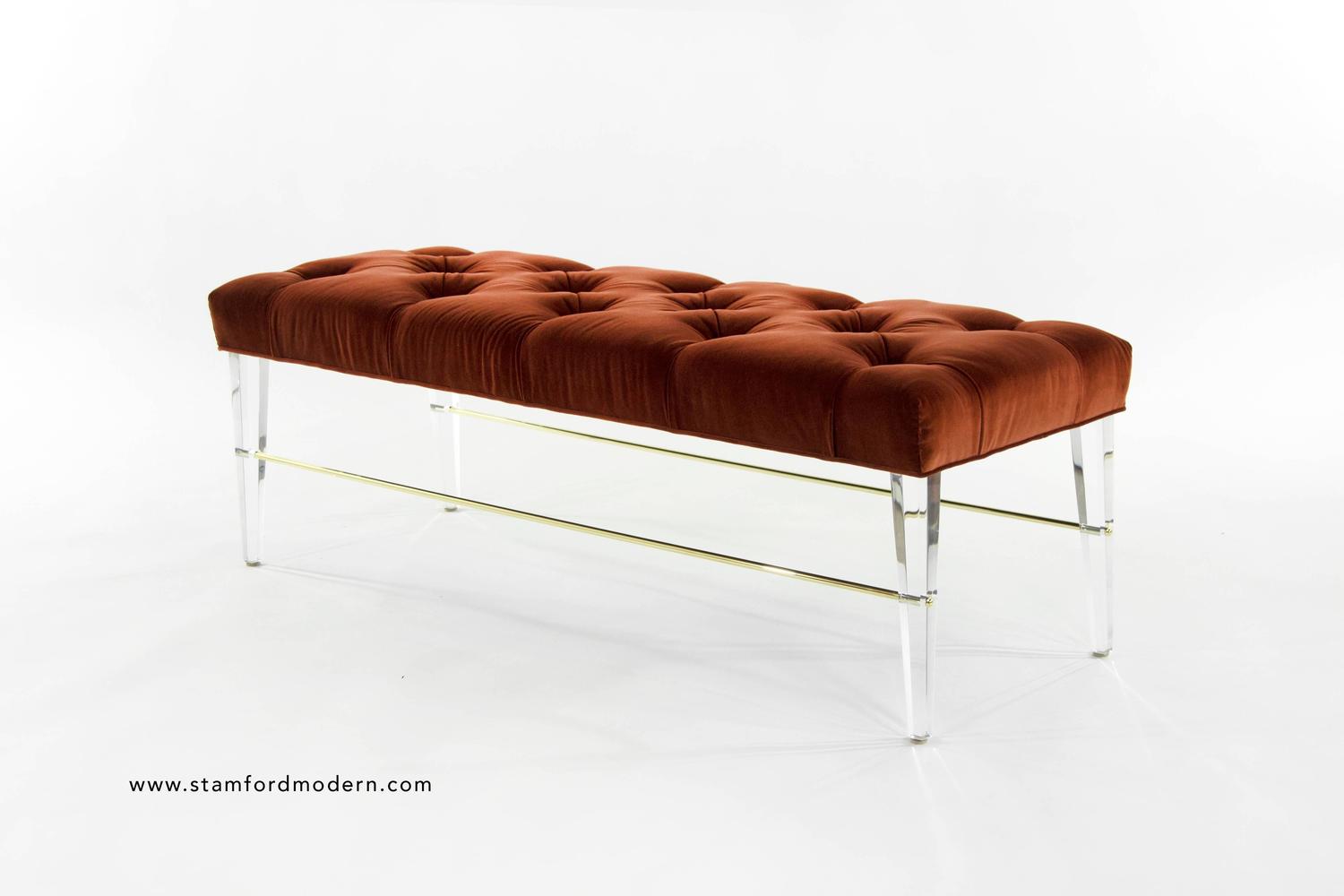 Lucite Brass Rodded Bench in Tufted Rust Orange Velvet For Sale at 1stdibs