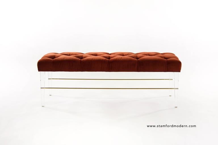 Lucite Brass Rodded Bench in Tufted Rust Orange Velvet For Sale at 1stdibs