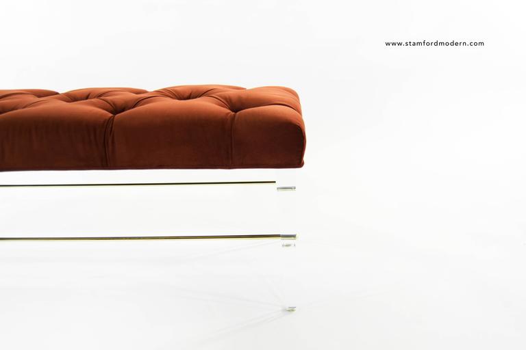 Lucite Brass Rodded Bench in Tufted Rust Orange Velvet For Sale at 1stdibs