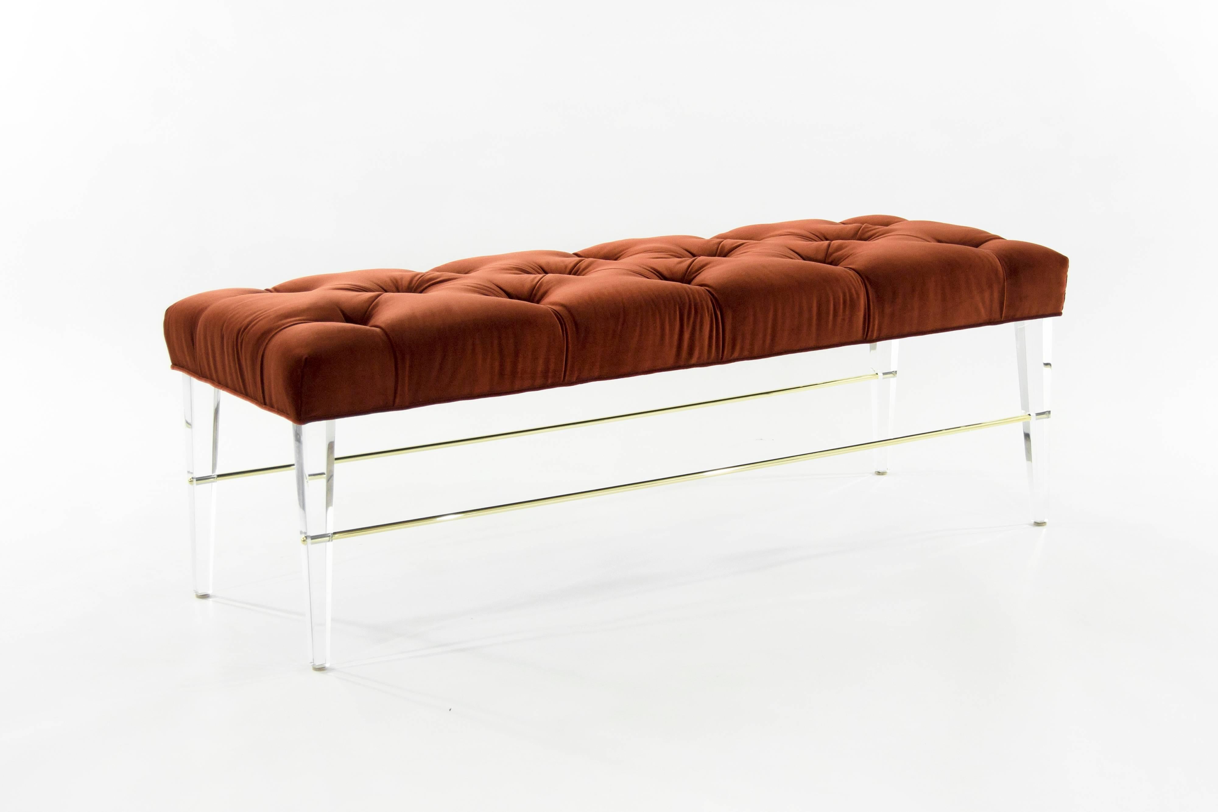 Lucite Brass Rodded Bench in Tufted Rust Orange Velvet at 1stDibs ...