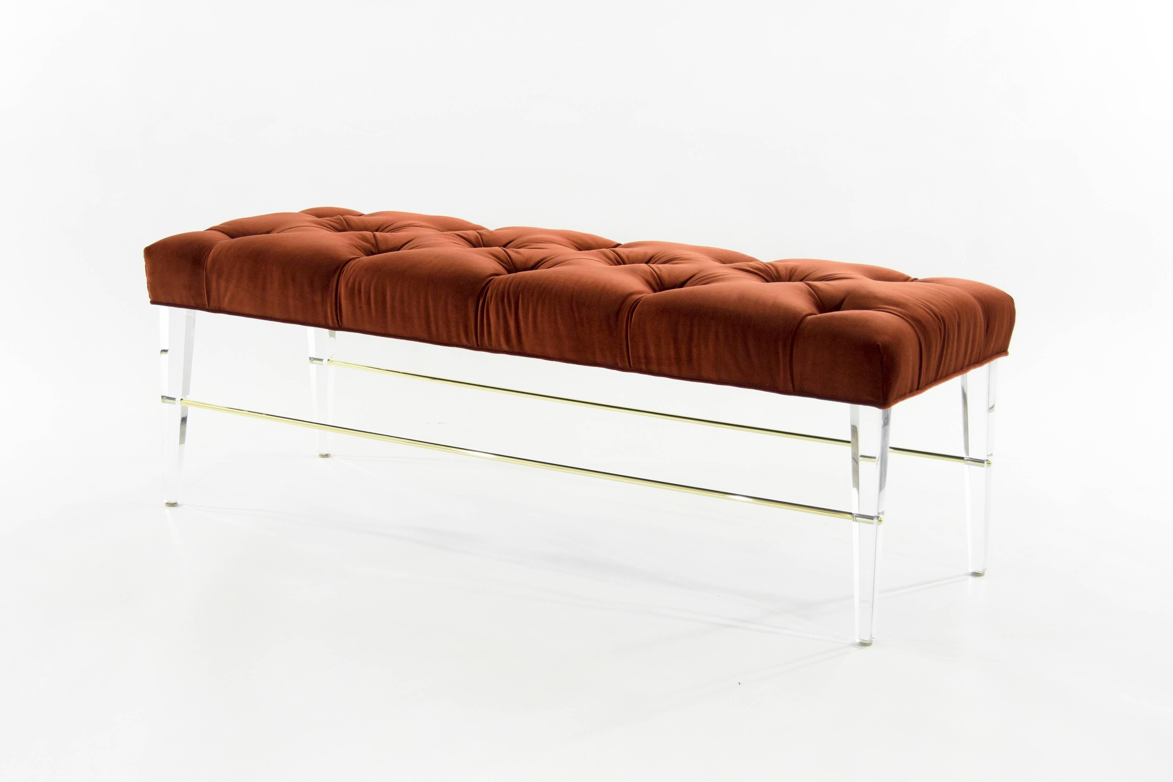Lucite Brass Rodded Bench in Tufted Rust Orange Velvet at 1stDibs ...