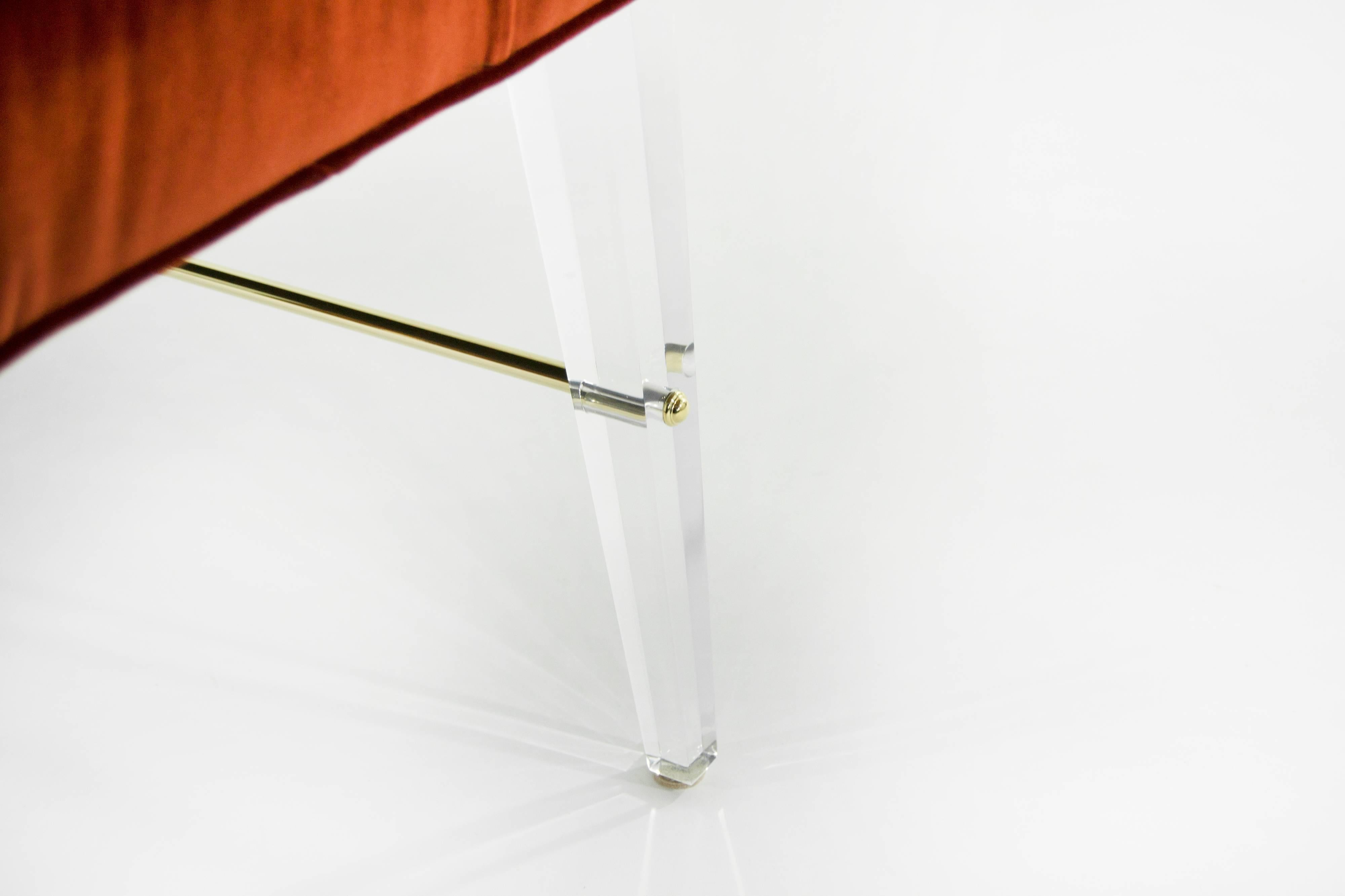 Lucite Brass Rodded Bench in Tufted Rust Orange Velvet at 1stDibs ...