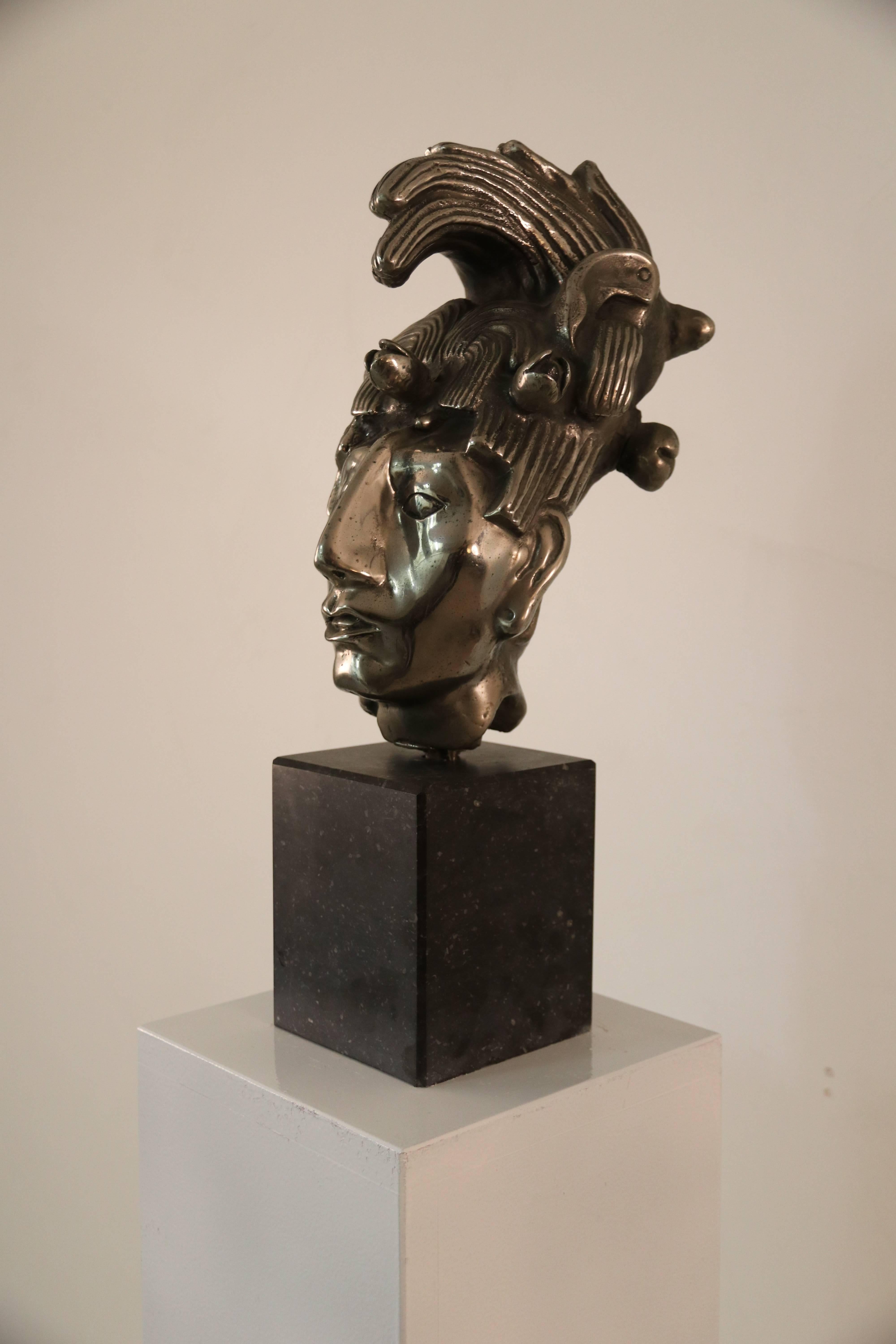 Head of Mayan King Lord Pacal in Cast Silver and Aluminum on Marble ...