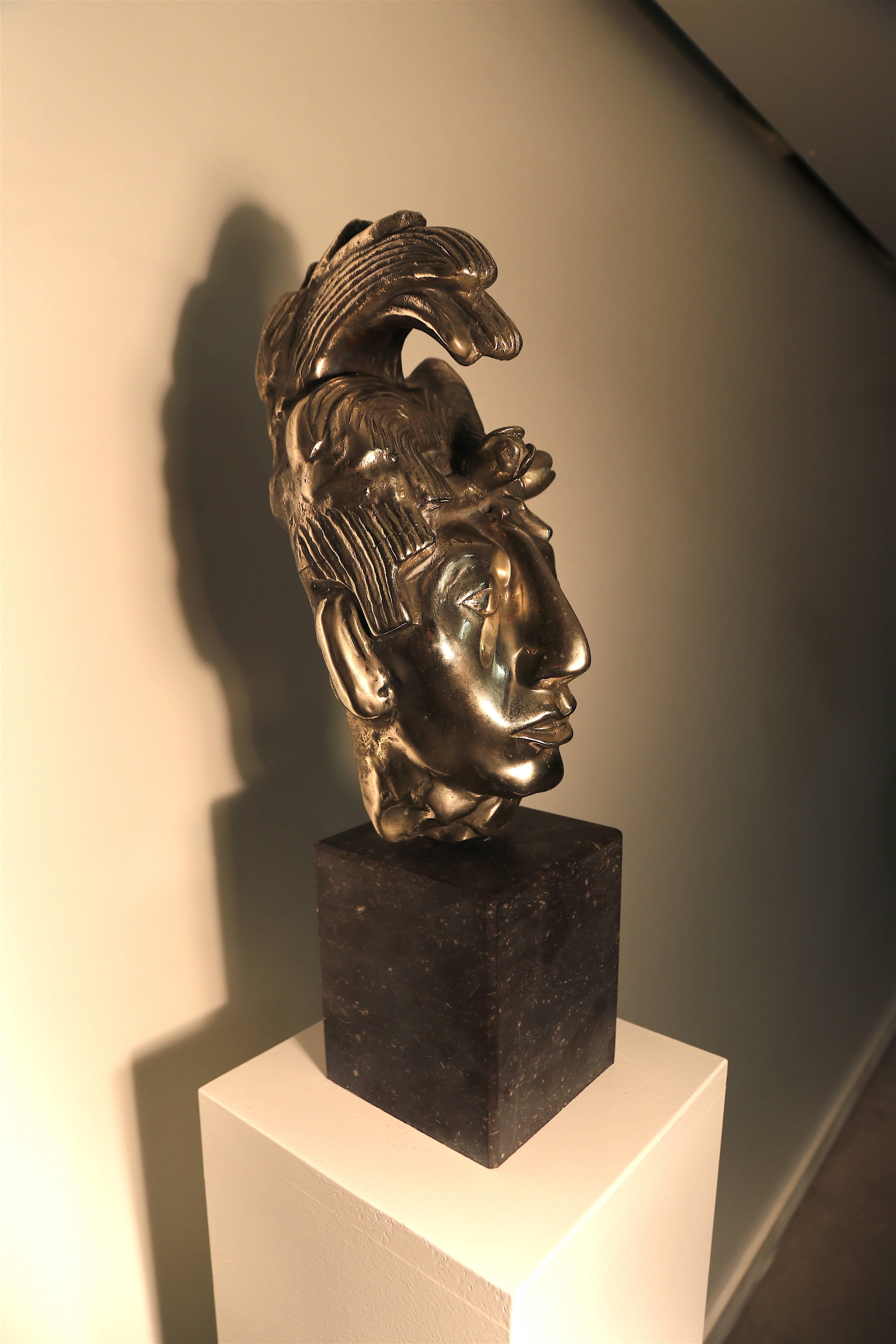 Head of Mayan King Lord Pacal in Cast Silver and Aluminum on Marble ...