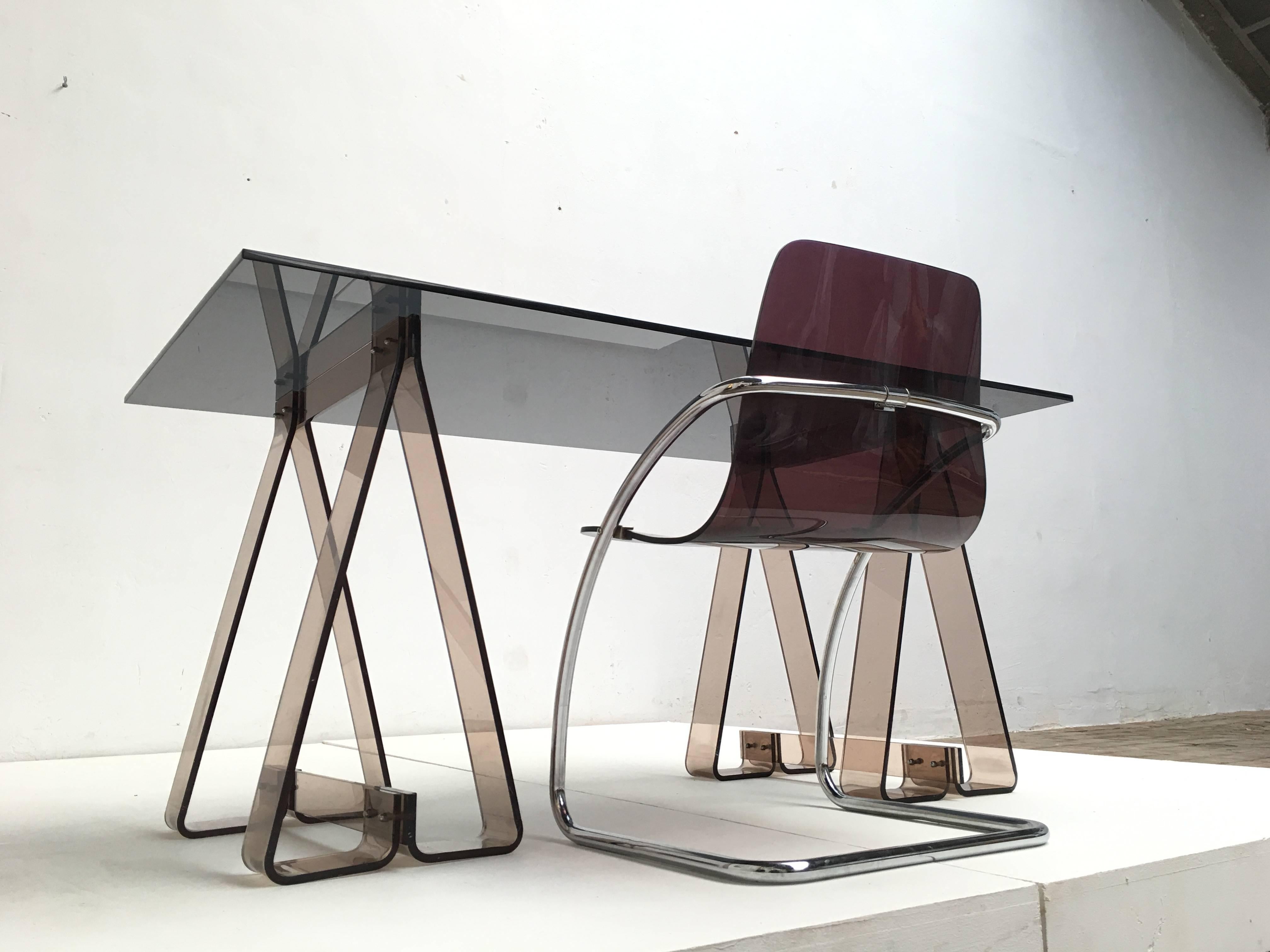 1970s Smoked Acrylic and Glass Trestle Desk, Lucite and Tubular Chrome ...
