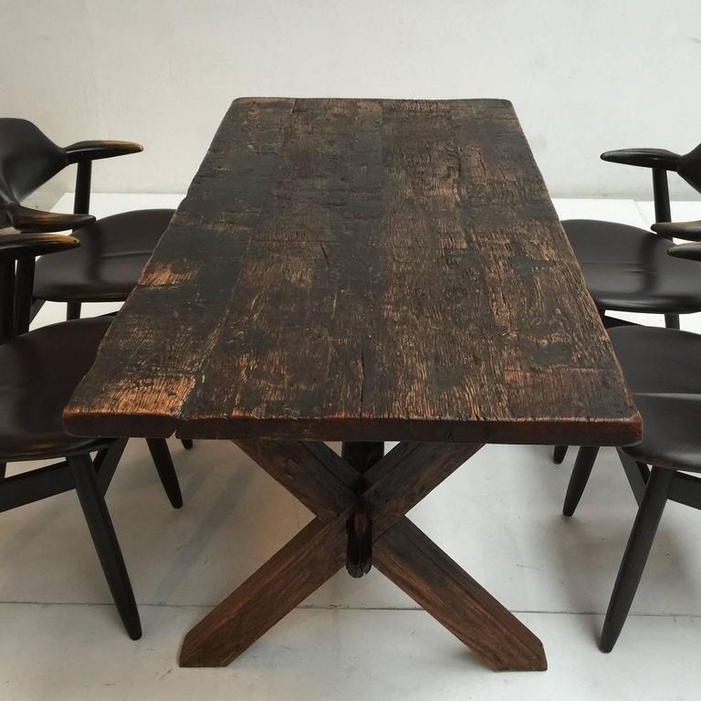 French Brutalist Rustic Stained Oak Dining Table in the Manner of ...