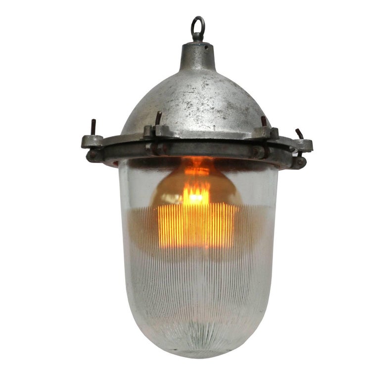 Silver Metal Vintage Industrial Striped Glass Hanging Lamp For Sale at ...