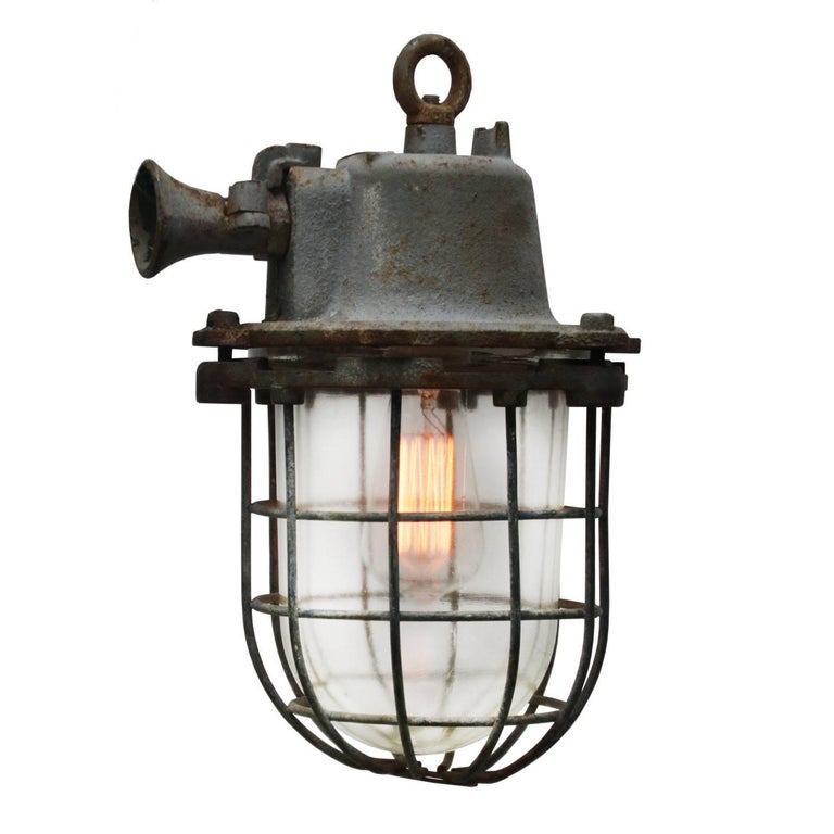 Gray Cast Iron Vintage Industrial Clear Glass Cage Lamp For Sale at 1stDibs
