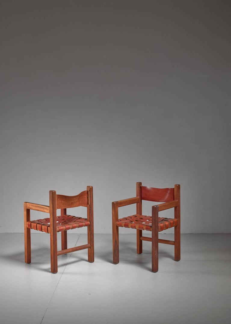 Set of Four Studio Crafted Leather Webbed Chairs, USA, 1950s For Sale ...
