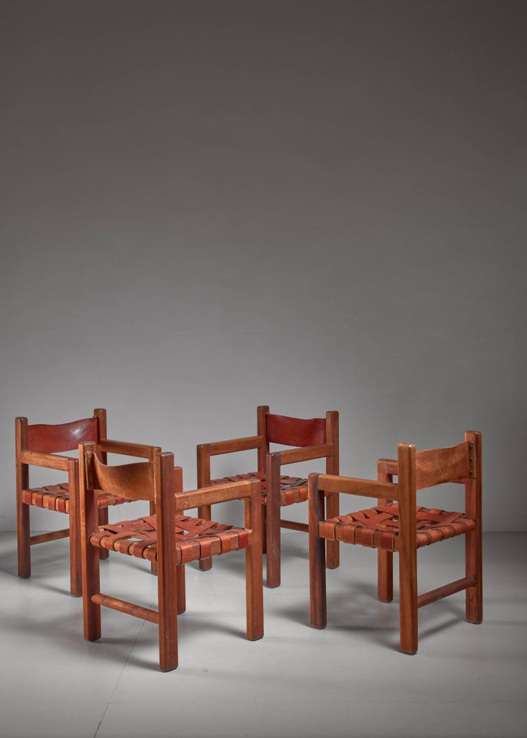 Set of Four Studio Crafted Leather Webbed Chairs, USA, 1950s For Sale ...