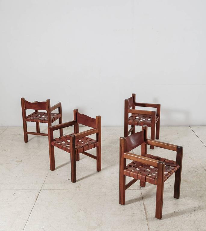 Set of Four Studio Crafted Leather Webbed Chairs, USA, 1950s For Sale ...