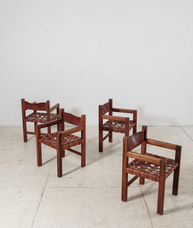 Set of Four Studio Crafted Leather Webbed Chairs, USA, 1950s For Sale ...