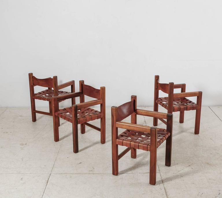 Set of Four Studio Crafted Leather Webbed Chairs, USA, 1950s For Sale ...