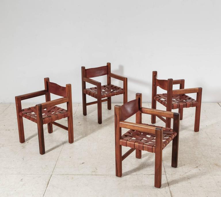 Set of Four Studio Crafted Leather Webbed Chairs, USA, 1950s For Sale ...