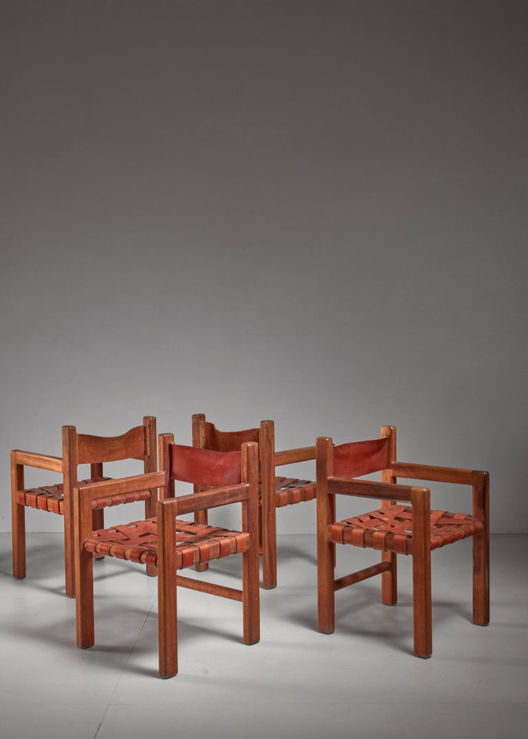 Set of Four Studio Crafted Leather Webbed Chairs, USA, 1950s For Sale ...