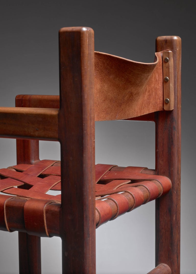 Set of Four Studio Crafted Leather Webbed Chairs, USA, 1950s For Sale ...