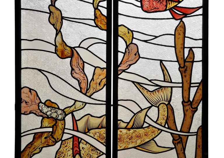 Pair of Stained Glass Windows with Japanese Style Decor of Koi Carps ...