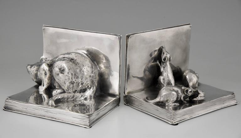 Art Deco Silvered Bronze Cat and Mouse Bookends by A. Duchene, 1920 at 1stDibs
