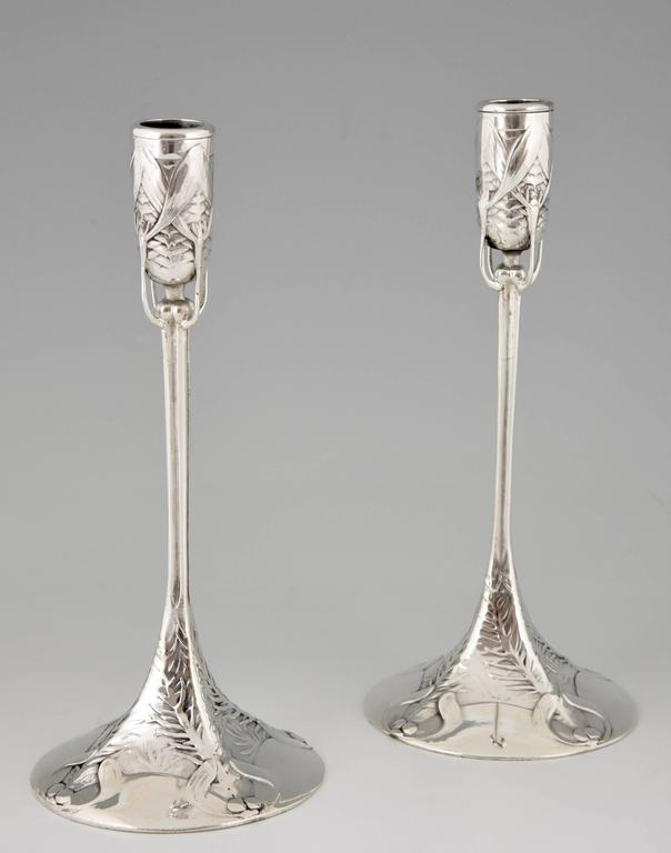 French Art Nouveau Silvered Candlesticks Felix Cheron for Gallia ...