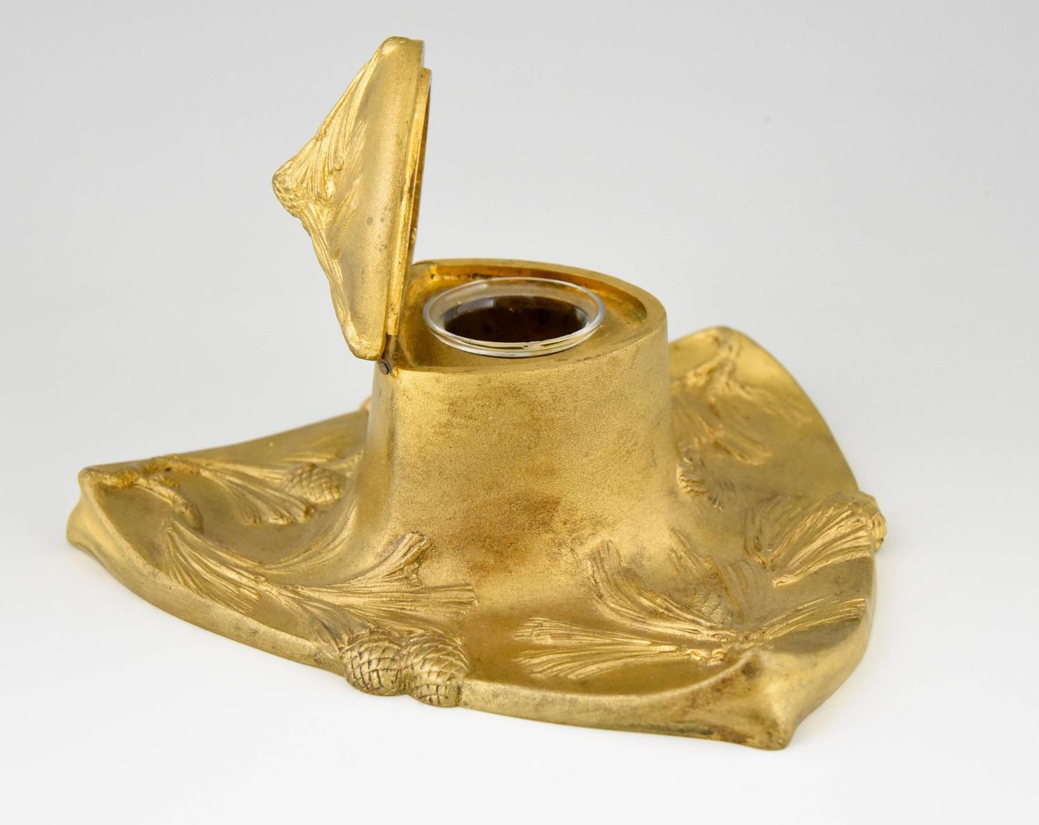 Art Nouveau Gilt Bronze Inkwell with Pine Cones by D. Alonzo at 1stdibs