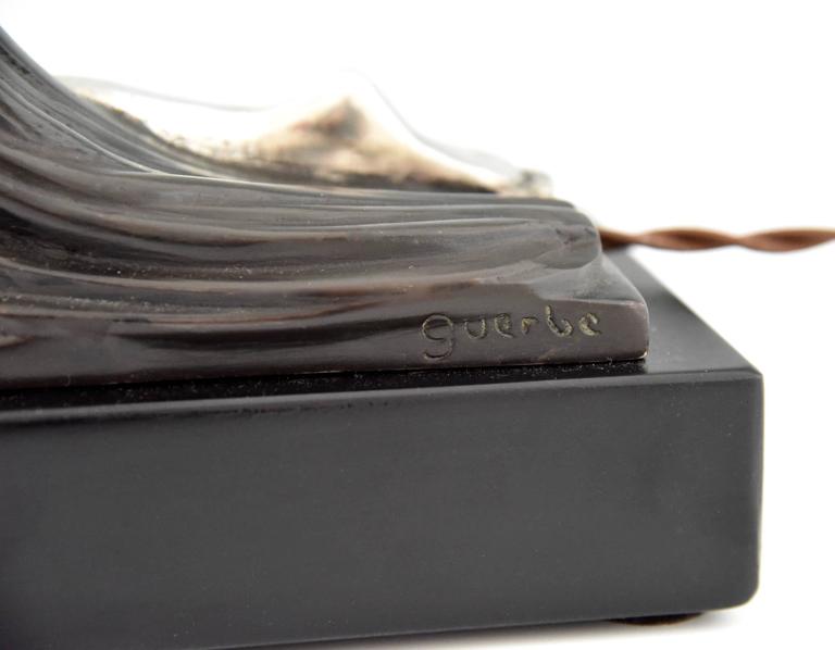 French Art Deco Lamp with Nude, Silvered Bronze and Glass by Guerbe ...