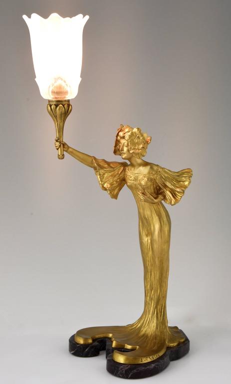 French Gilt Bronze Art Nouveau Lamp Woman Holding a Torch Louis Chalon ...