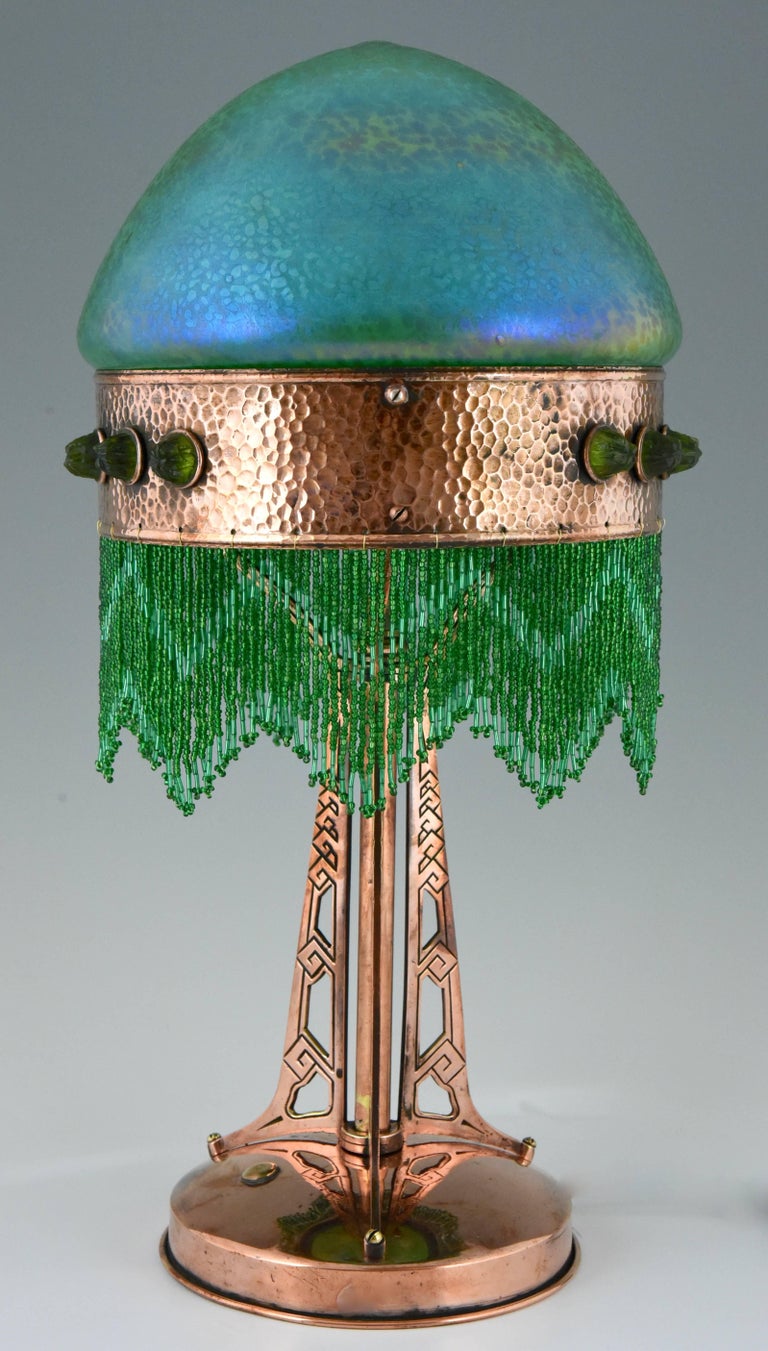 Art Nouveau Copper Table Lamp with Loetz Glass Shade by Johann Loetz ...