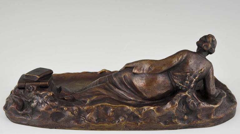 Art Nouveau Bronze Inkwell with Reading Lady by Jochems, 1895 at 1stDibs