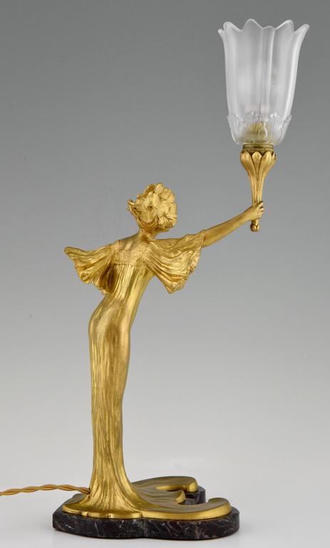 French Gilt Bronze Art Nouveau Lamp Woman Holding a Torch Louis Chalon ...