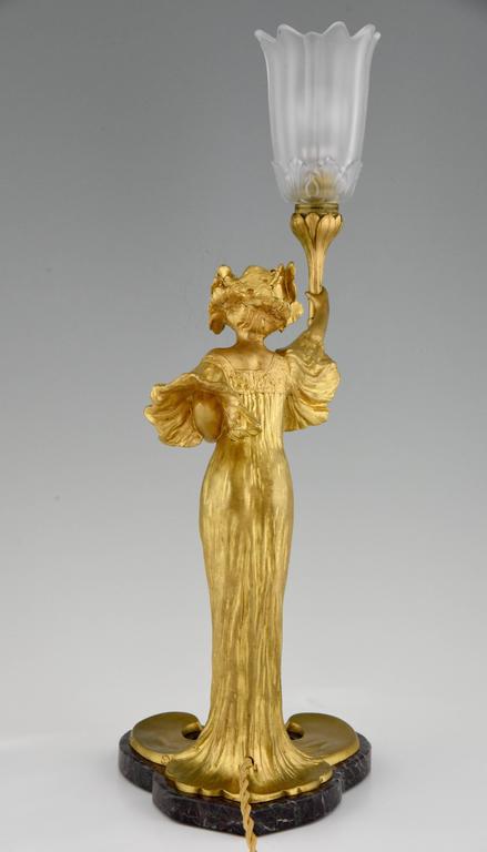 French Gilt Bronze Art Nouveau Lamp Woman Holding a Torch Louis Chalon ...