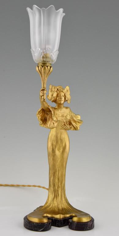 French Gilt Bronze Art Nouveau Lamp Woman Holding a Torch Louis Chalon ...