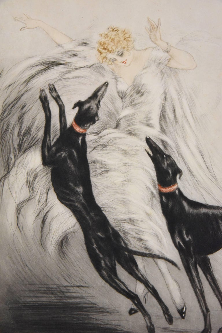 Coursing, Art Deco Etching Elegant Lady with Grey Hound Dogs by Louis ...