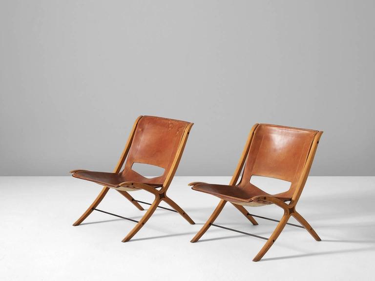 Hvidt and Mølgaard Pair of X-Chairs in Cognac Leather For Sale at 1stDibs