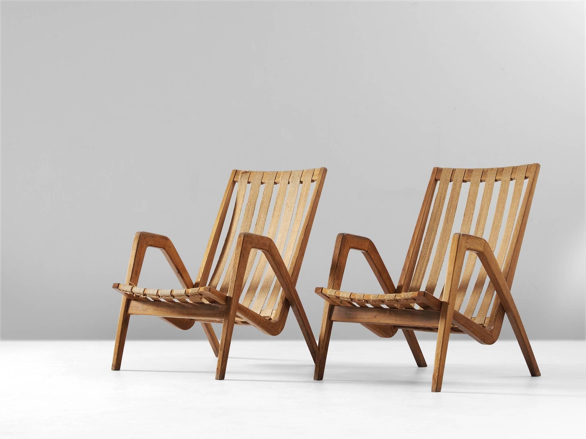 Solid Oak Lounge Chairs with Original Webbing For Sale at 1stDibs