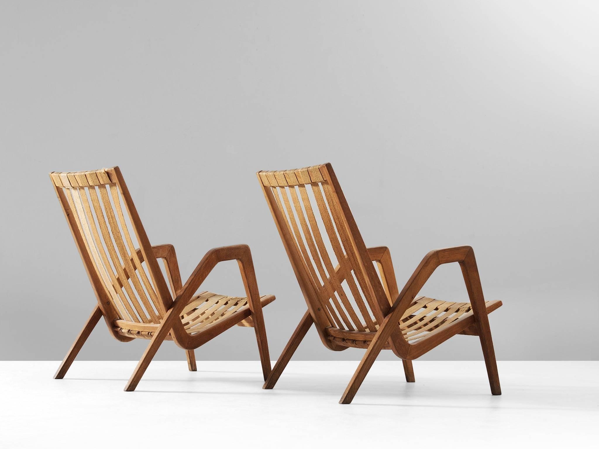 Solid Oak Lounge Chairs with Original Webbing For Sale at 1stDibs