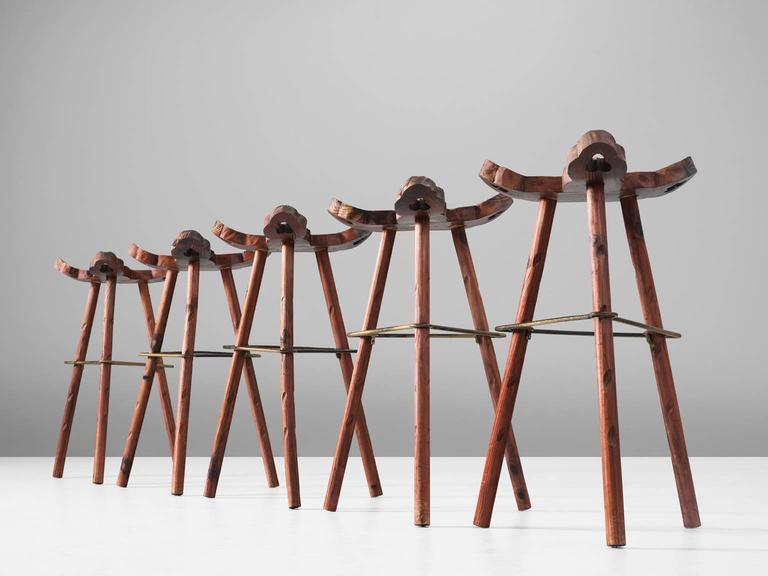 Set of Five Spanish Bar Stools in Solid Pine For Sale at 1stDibs