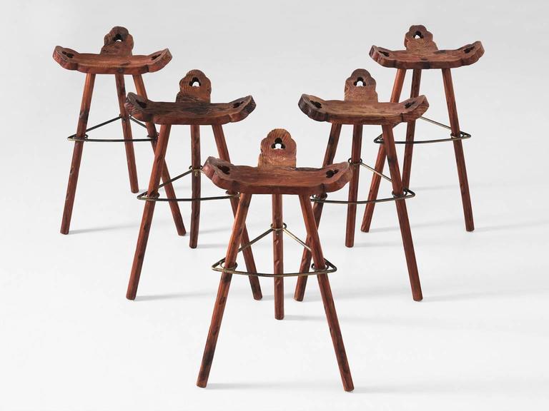 Set of Five Spanish Bar Stools in Solid Pine For Sale at 1stDibs