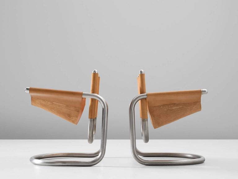 Set of Two Tubular Easy Chairs in Stainless Steel and Cognac Leather ...