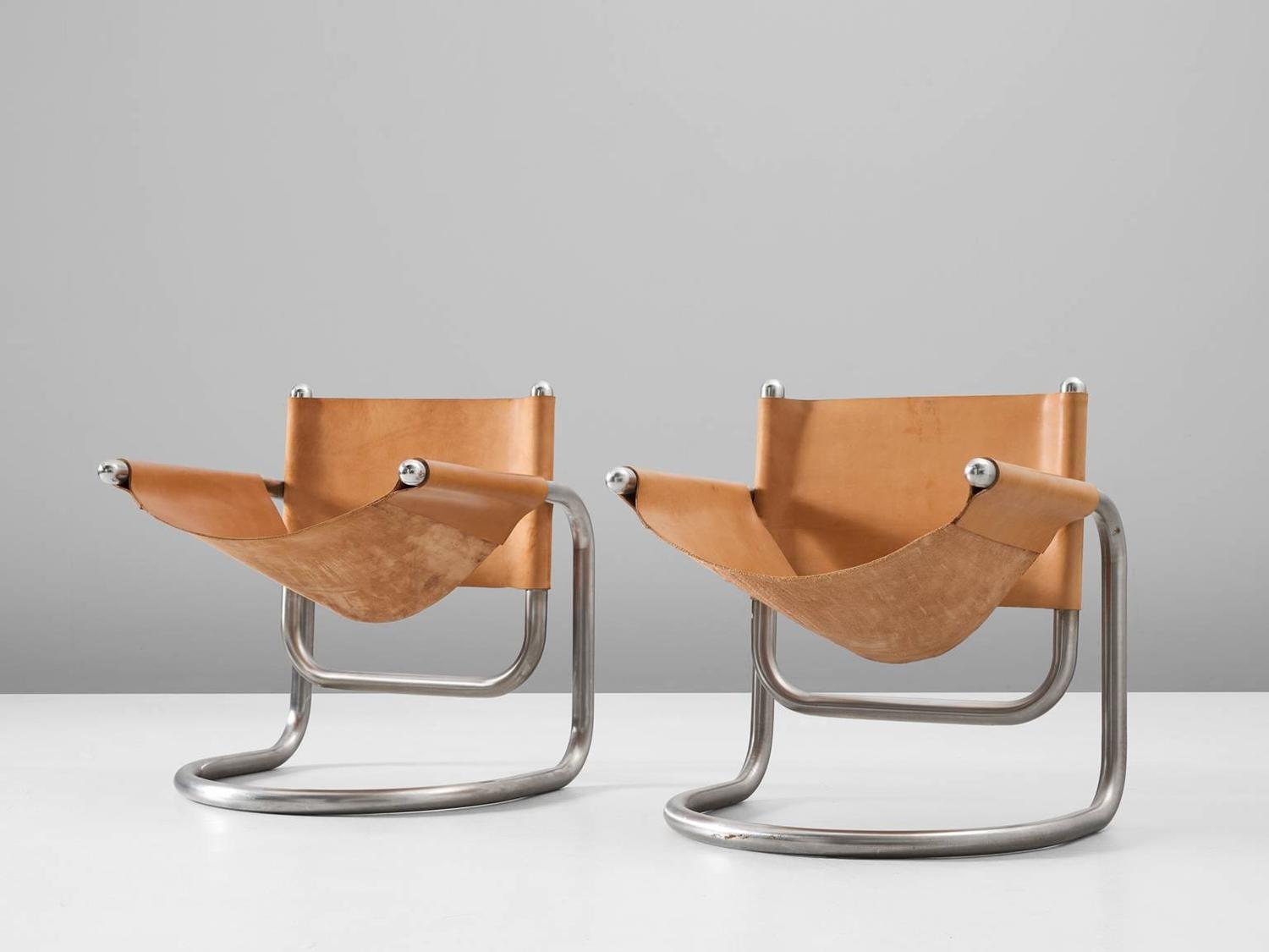 Set of Two Tubular Easy Chairs in Stainless Steel and Cognac Leather ...