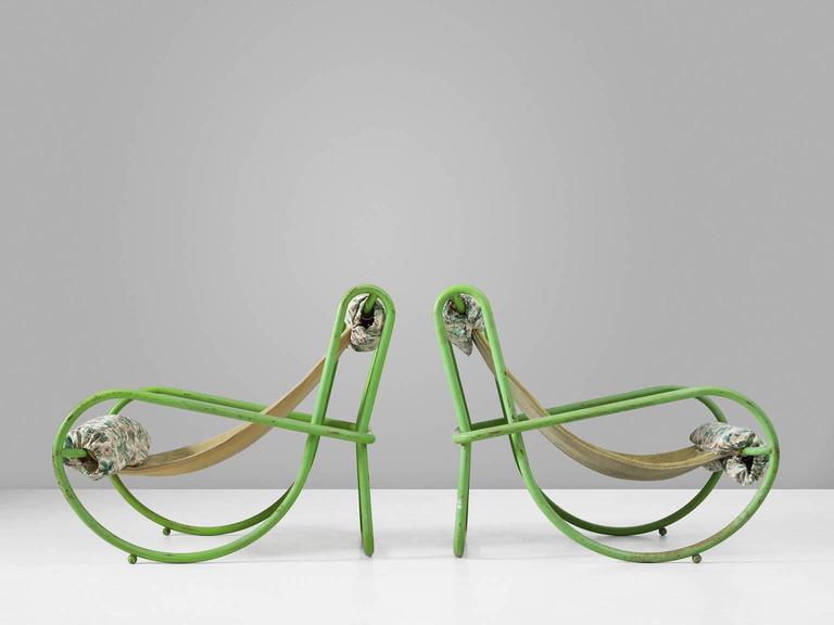 Gae Aulenti Two Locus Solus Lounge Chairs in Green Colored Metal For ...