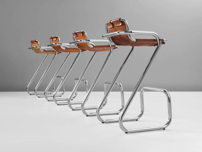 Set of Four Tubular Bar Stools with Original Leather at 1stDibs