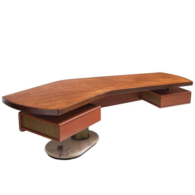 Italian Curved Desk in Leather, Brass and Marble, 1950s For Sale at 1stDibs