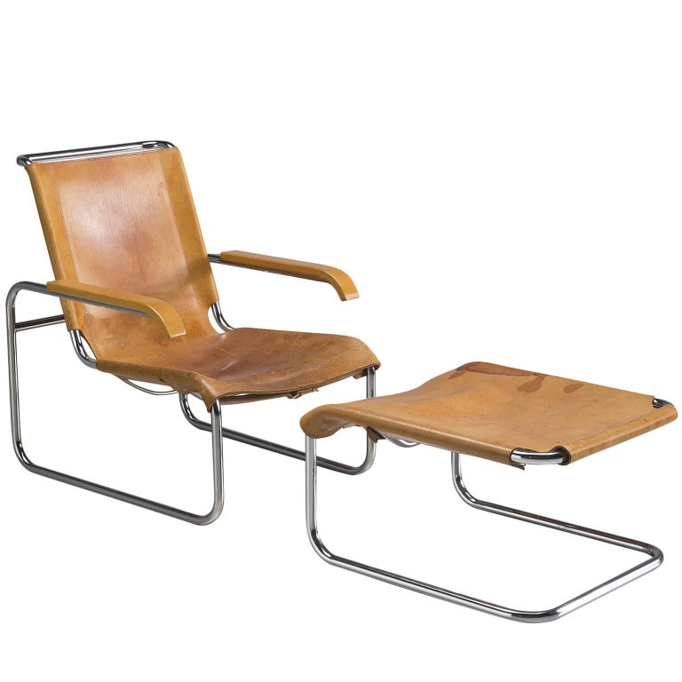 Marcel Breuer Leather Lounge Chair with Ottoman by Thonet For Sale at ...