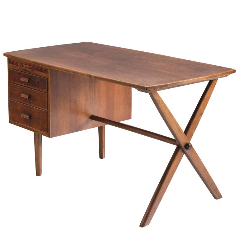 Danish Walnut 'X' Legged Writing Table For Sale at 1stDibs
