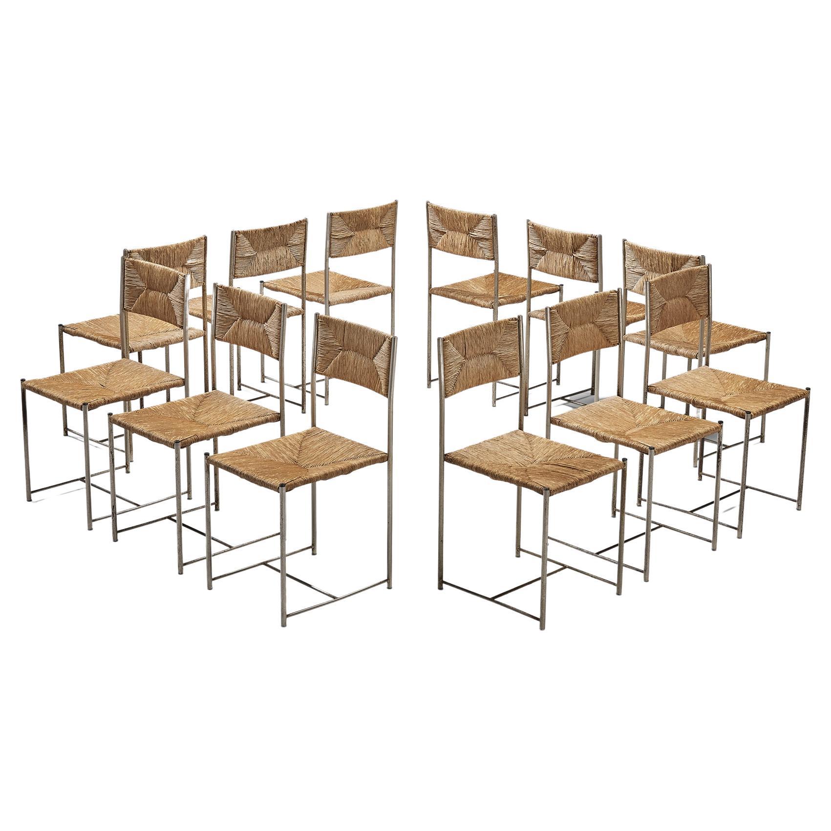 Italian Dining Chairs in Patinated Steel and Straw For Sale at 1stDibs