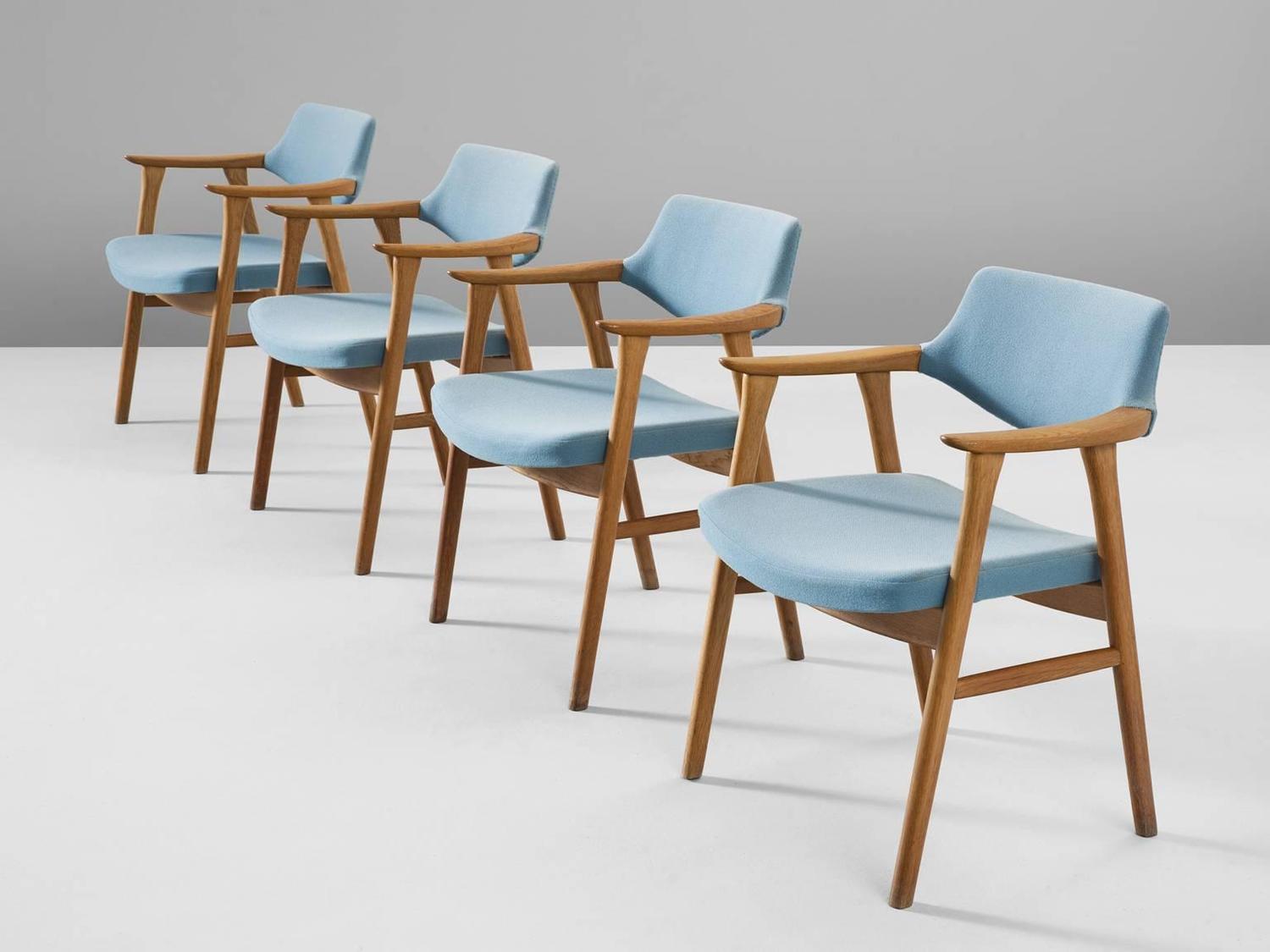Erik Kirkegaard Set of Four Armchairs in Oak and Light Blue Upholstery ...