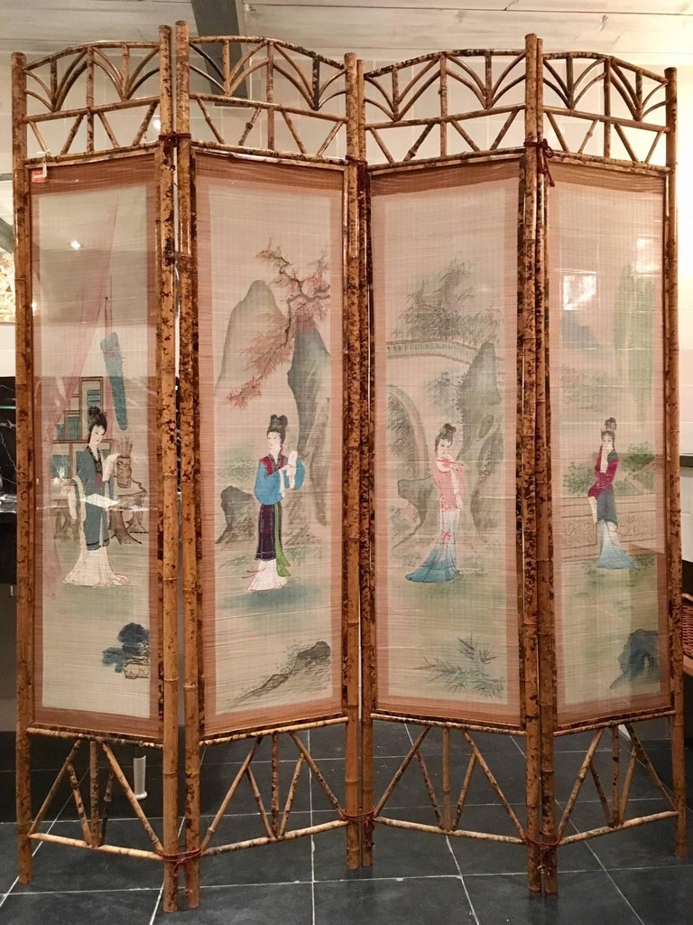 1970s Bamboo and Rattan Chamber Screen Decorated with Japanese ...