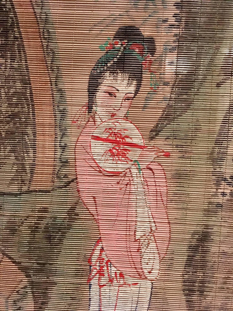 1970s Bamboo and Rattan Chamber Screen Decorated with Japanese ...