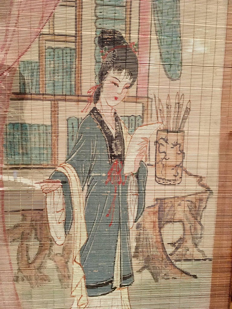 1970s Bamboo and Rattan Chamber Screen Decorated with Japanese ...